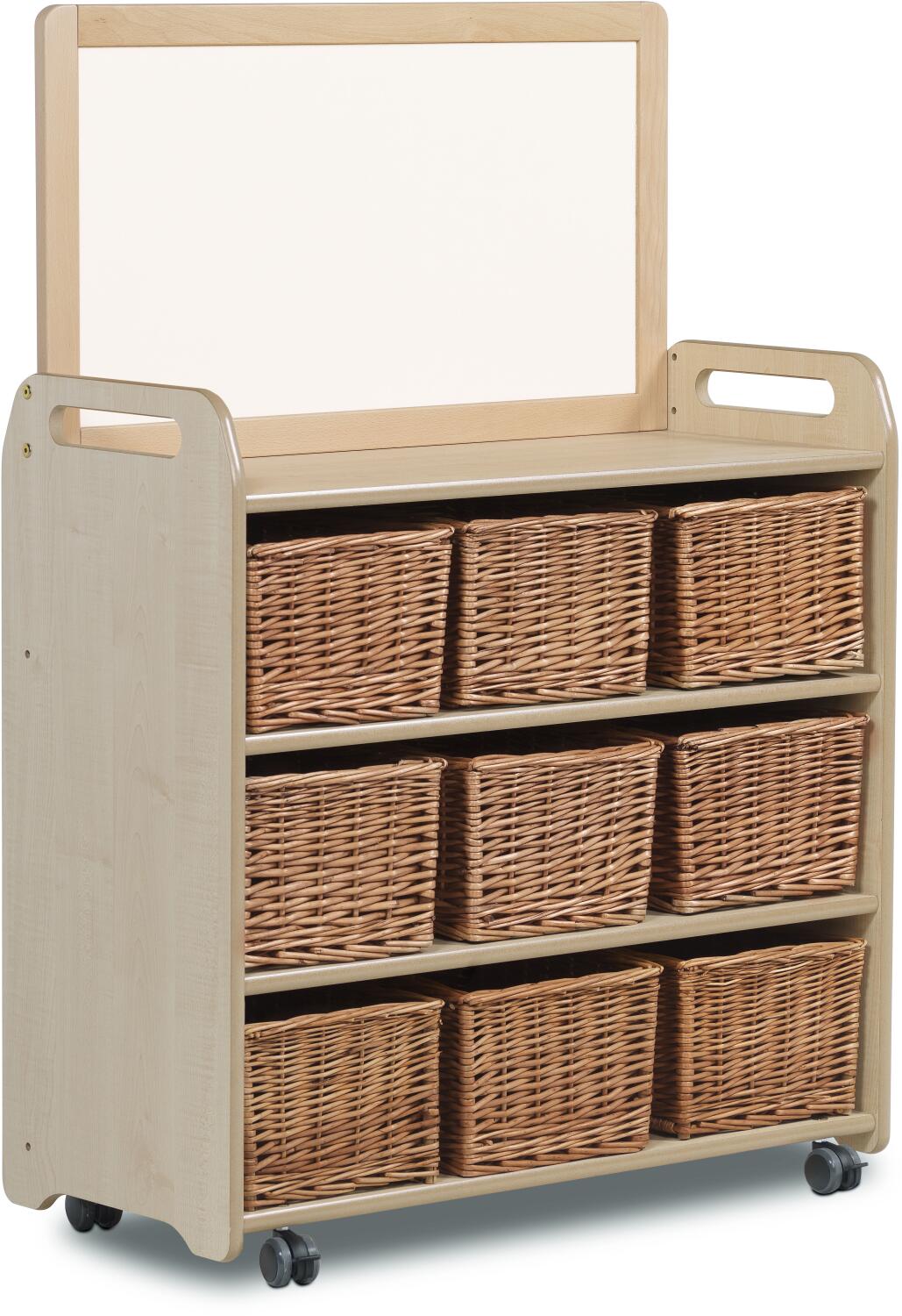 Millhouse Mobile Shelf Unit with Mirror & 9 Baskets, Beech Features - Office Furniture Direct